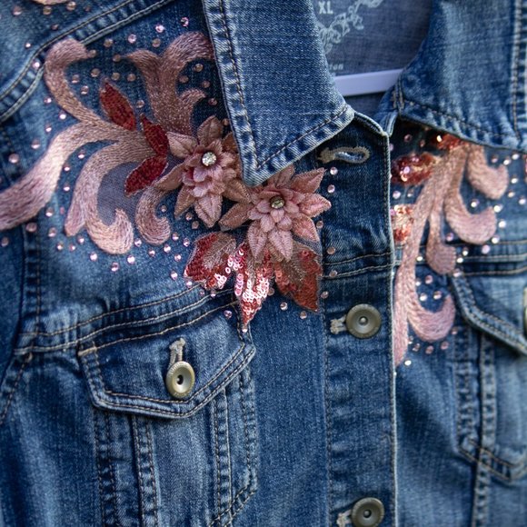 Jackets & Coats | Upcycled Denim Jacket With Rhinestones And Sequined ...